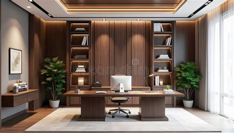 Modern Empty Office Space With Wooden Shelves And Desks Outside Of