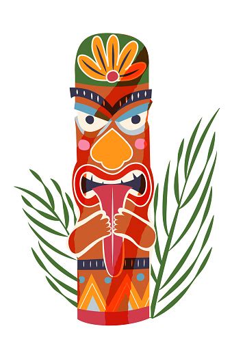 하와이 알로하 전통 토템 그림 문화의 열대 여름 요소 하와이 빈티지 여행 포스터 벡터 일러스트레이션 흰색 배경에 얼굴과 식물나무 동상 고풍스런에 대한 스톡 벡터 아트 및