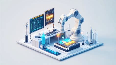 Futuristic Laboratory Setup With Robotic Arm Screens And Laboratory