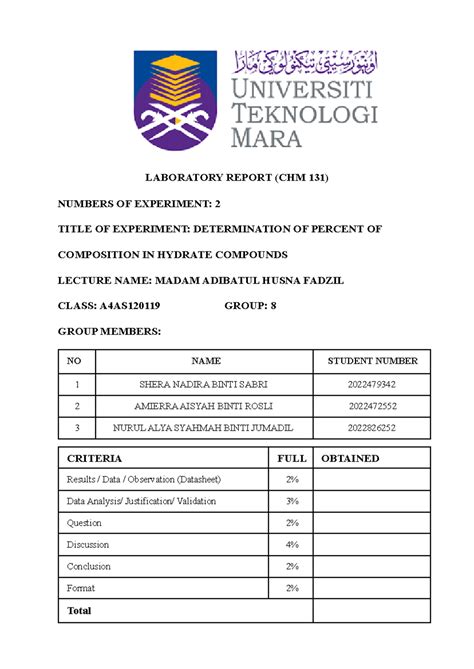 LAB CHM EXP CHM LABORATORY REPORT CHM NUMBERS OF EXPERIMENT TITLE OF EXPERIMENT