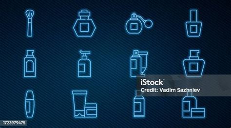 세트 라인 크림 또는 로션 화장품 튜브 향수 스프레이 캔 헤어스프레이 메이크업 브러쉬 및 아이콘 벡터 건강한 생활방식에 대한