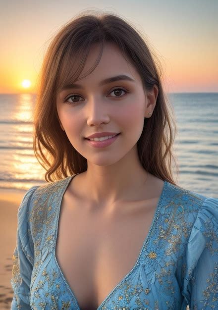 Premium Ai Image Beautiful Woman In Light Blue Dress On The Beach