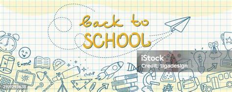 학교로 돌아 가기 낙서 용품이 있는 배경입니다 스케치가 있는 학교 공책 개념입니다 플랫 디자인 벡터 일러스트 레이 션입니다 0명에 대한 스톡 벡터 아트 및 기타 이미지