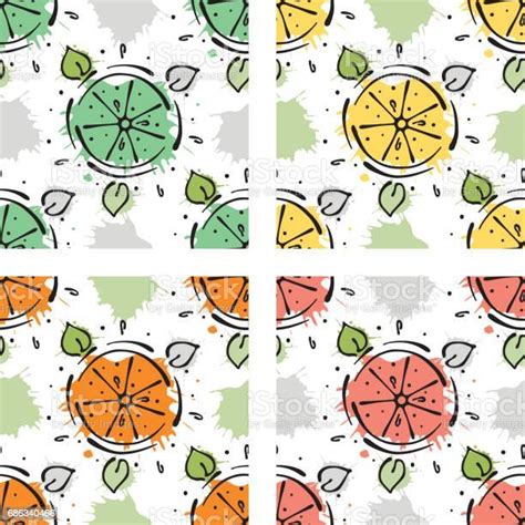 벡터 과일 완벽 한 패턴입니다 라임와 레몬 오렌지 자 몽 나뭇잎 지우고 스플래시 손으로 그린 등고선과 뇌졸중 낙서 스케치 스타일 그래픽 벡터 그림 그리기 건강한 식생활에