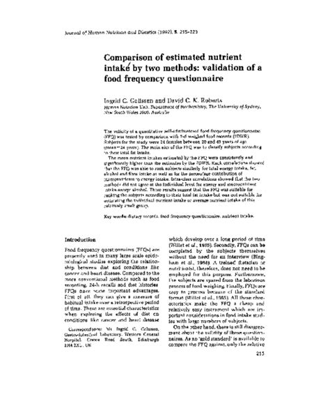 Pdf Comparison Of Estimated Nutrient Intake By Two Methods Validation Of A Food Frequency