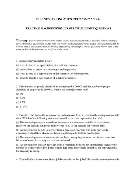 Practice Macro Economics Multiple Choice Questions Money Supply Interest
