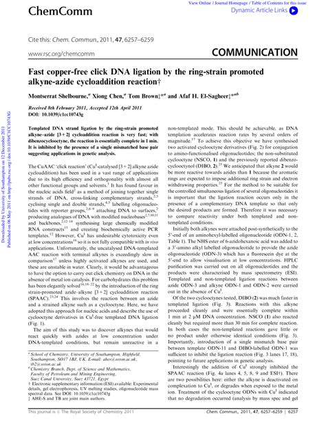 Pdf Fast Copper Free Click Dna Ligation By The Ring Strain Promoted Alkyne Azide Cycloaddition
