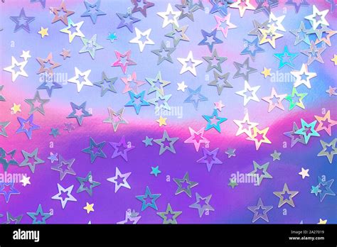 Colorful Foil Stars Confetti Sparse On Trendy Holographic Background