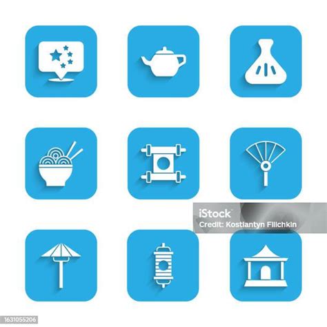 법령 종이 양피지 두루마리 중국 등불 집 또는 일본 접는 부채 태양에서 일본 우산 아시아 국수 그릇 만두 및 중국 국기 아이콘을 설정합니다 벡터 0명에 대한 스톡 벡터 아트
