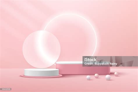 추상적인 흰색 실린더 받침대 연단 투명 유리 링이있는 라이트 핑크 빈 룸 핑크와 흰색 구 벡터 렌더링 3d 모양 제품 표시 프리젠 테이션 파스텔 룸 미니멀 한 장면 0명에