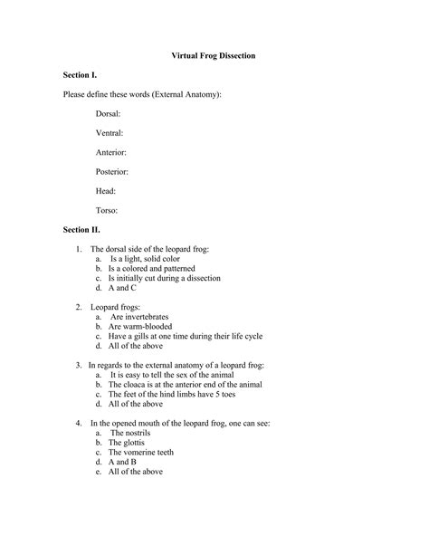 Frog Dissection Worksheet Doc