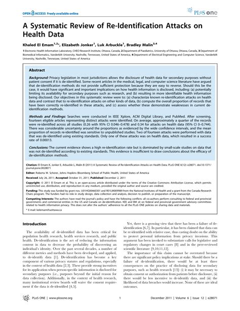 Pdf A Systematic Review Of Re Identification Attacks On Health Data