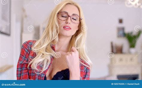 Sensual Young Blond Woman Showing Cleavage Stock Video Video Of