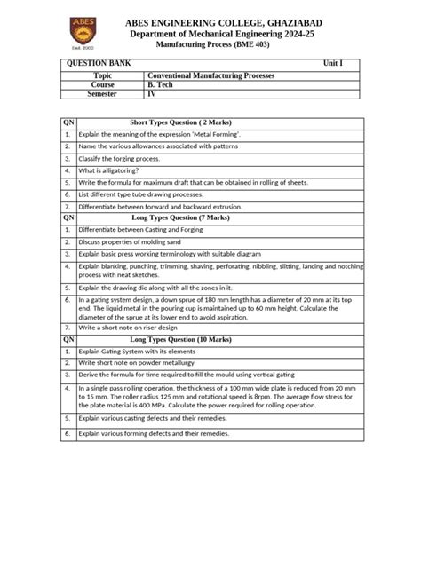 Question Bank Manufacturing Process Unit 1 Pdf
