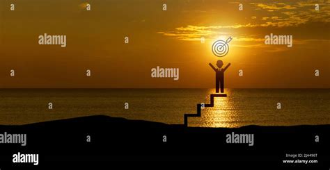 Silhouette Of Man Icon Holding A Target Board On Top Of Ladder Concept Of Aim And Objective