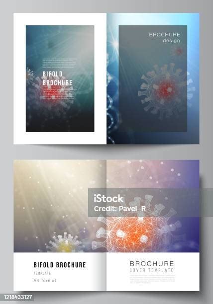 양면 브로셔 전단지 잡지 표지 디자인 책 디자인에 대한 두 개의 A4 커버 모형 템플릿의 벡터 레이아웃 코로나 바이러스의 3d 의료 배경 코비드 19 코로나바이러스 감염
