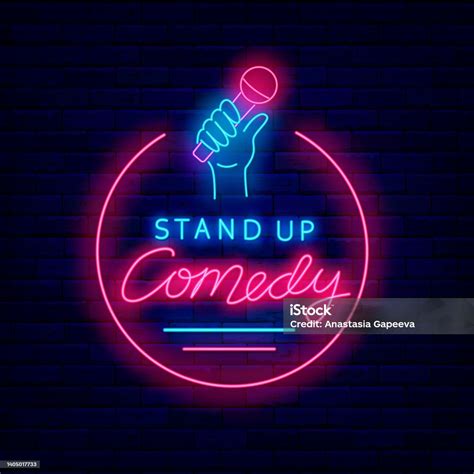 코미디 네온 서클 간판을 세우십시오 마이크를 손에 쥐고 있습니다 만화 쇼 밝은 표시 벡터 스톡 일러스트레이션 개념에 대한 스톡 벡터 아트 및 기타 이미지 Istock