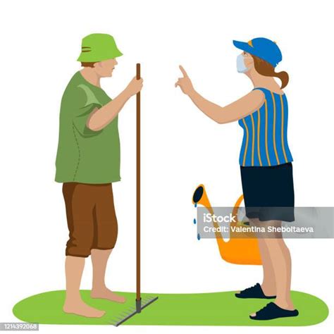 벡터 코로나바이러스 전염병 동안 이웃과의 관계의 개념 마스크에 아가씨 두 여성의 분쟁 원예 도구급 수와 숙 녀 는 싸움 이야기 여름에 대한 스톡 벡터 아트 및 기타 이미지