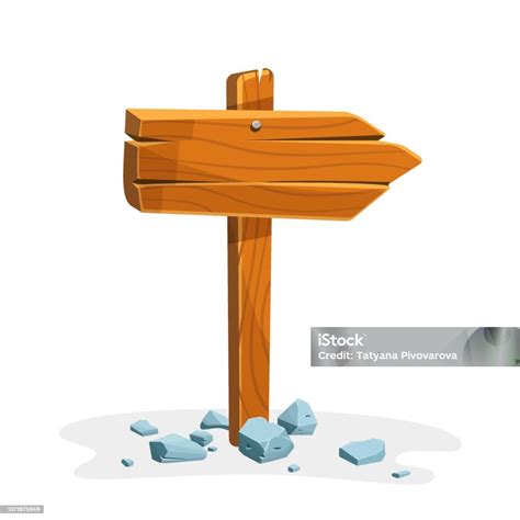 텍스트에 대한 빈 공간이있는 돌이있는 나무 표지판 바위에 서 다양한 형태의 나무 표지판의 만화세트 벡터 그림입니다 0명에 대한