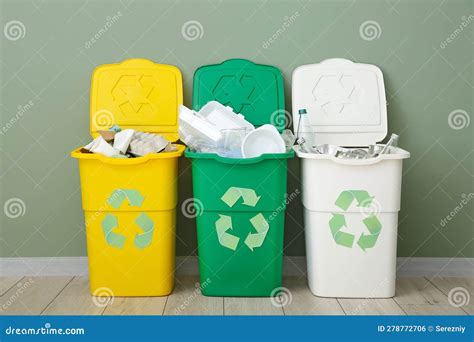 Containers With Different Types Of Garbage Near Color Wall Recycling
