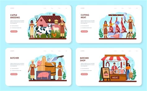 정육점 또는 미트맨 웹 배너 또는 방문 페이지 세트 신선한 고기와 햄과 소시지를 사용한 반제품 쇠고기 및 돼지고기 생산