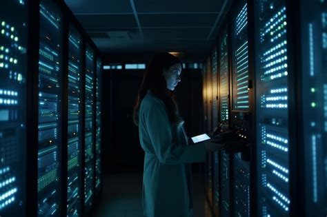 Premium AI Image Female IT Specialist Working At Futuristic Data Center Generative Ai
