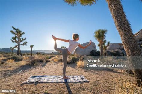 캘리포니아 사막의 조슈아 나무 근처 자연에서 요가 포즈를 취하는 젊은 여성 자연과 휴식 운동을 즐기는 미국의 소녀 25 29세에