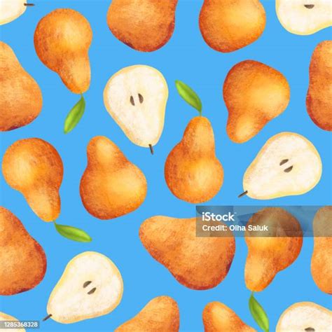 손으로 그린 밝은 과일 매끄러운 패턴 사실적인 도면 전체 배 잎과 파란색 배경에 잘라 식물 성 배경 화면 건강한 유기농 식품 디자인 벽지 포장 등을위한 요소 건강한 식생활에