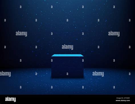 3d Glowing Blue Cube Platform Illuminated By A Spotlight In A Dark Scene With Floating Light