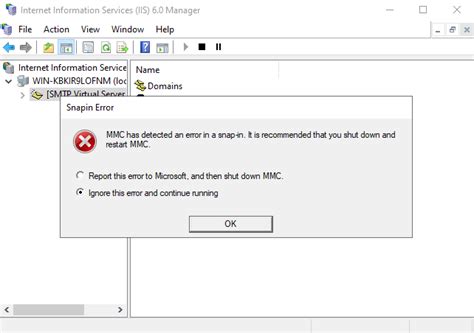 smtp server error mmc has detected an error in a snap in auron software