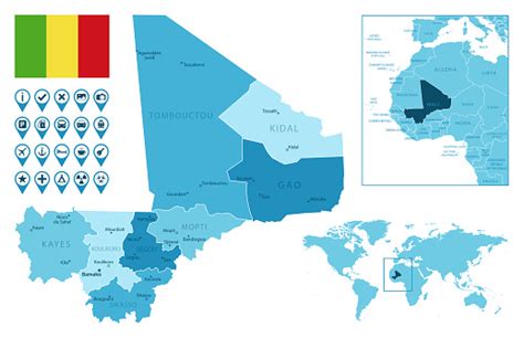 말리는 세계지도에 국가 플래그와 위치와 행정 파란색지도를 자세히 설명했다 0명에 대한 스톡 벡터 아트 및 기타 이미지 0명 개체 그룹 거리표식 Istock