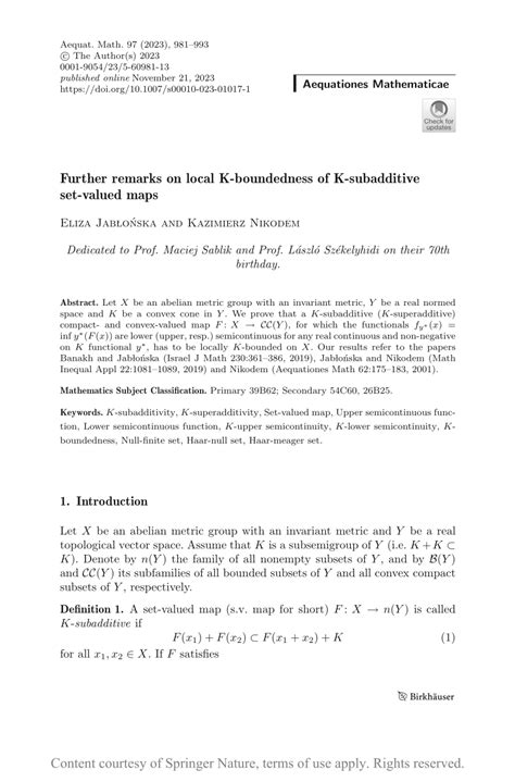 Pdf Further Remarks On Local K Boundedness Of K Subadditive Set Valued Maps