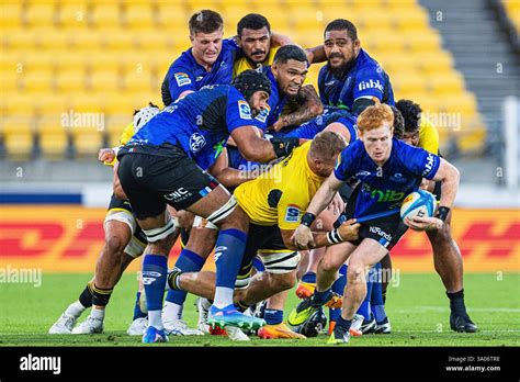 Wellington New Zealand March 01 Hurricanes Left Flanker Brad Shields Attempts To Tackle