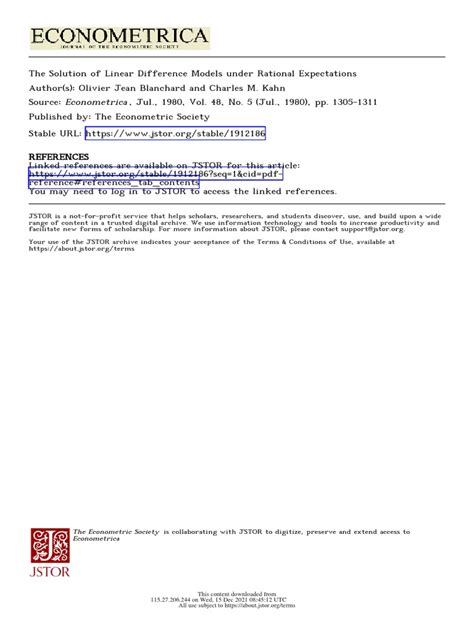 The Solution Of Linear Difference Models Under Rational Expectation Pdf Economics