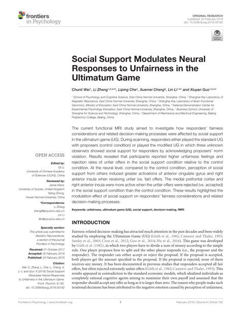 Pdf Social Support Modulates Neural Responses To Unfairness In The Ultimatum Game