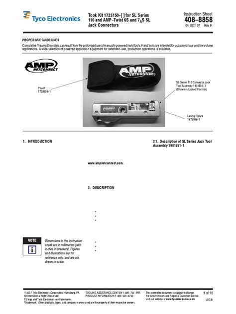 Instruction Sheet Took Kit 1725150 For Sl Series 110 And Amp Twist 6s