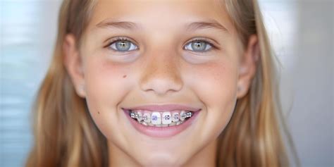 Adolescent Girl With Metal Braces Smiling To Correct Orthodontic Bite