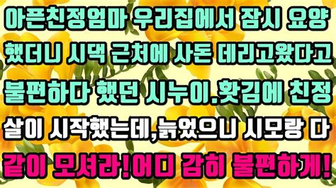 카카오실화사연 아픈친정엄마 우리집에서 잠시 요양했더니 시댁 근처에 엄마 데려왔다고 불편하다 했던 시누이 홧김에 친정살이 시작했는데 늙었으니 사돈이랑 다같이 모셔라 감히