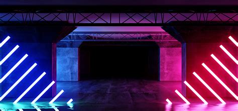 공상 과학 소설 네온 빛나는 보라색 파란색 활기찬 가상 현실 사이버 레이저 쇼 단계 긴 콘크리트 터널 복도 지 하 차고 홀 구조 금속 선박 3d 렌더링 0명에 대한 스톡