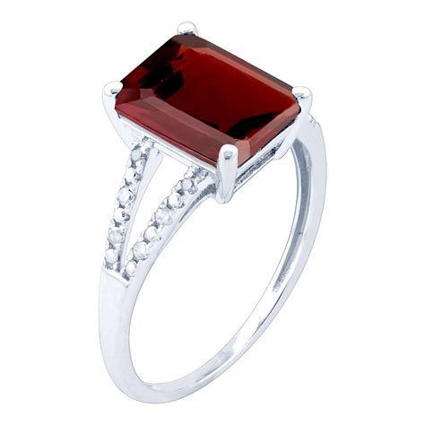 10k White Gold Genuine Emerald Shape Garnet And Split Shank Diamond Ri
