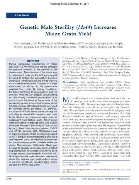 Pdf Genetic Male Sterility Increases Maize Grain Yield