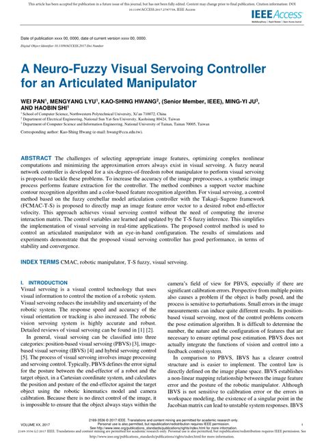 Pdf A Neuro Fuzzy Visual Servoing Controller For An Articulated