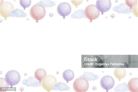 분홍색 보라색 공기 풍선 구름 별 별의 프레임 수채화 고립된 손으로 그린 그림입니다 엽서 화환 어린이 방 장식 및 파티 베이비 샤워 및 생일 카드 0명에 대한 스톡 벡터
