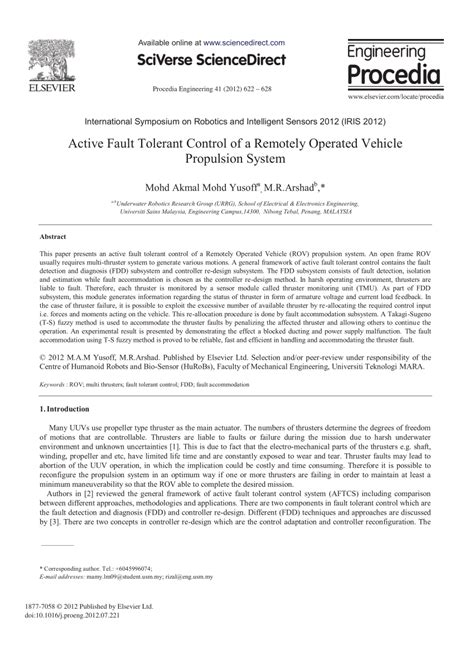 Pdf Active Fault Tolerant Control Of A Remotely Operated Vehicle