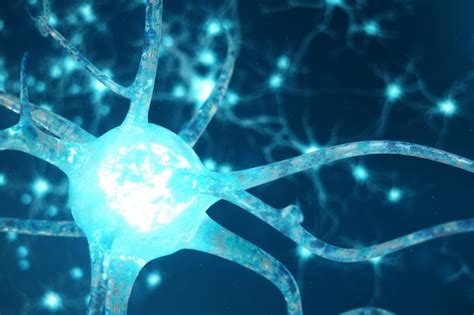 빛나는 링크 노트와 뉴런 세포의 개념적 그림 초점 효과와 함께 뇌의 뉴런 전기 화학 신호를 보내는 시냅스 및 뉴런 세포 3d 일러스트 프리미엄 사진