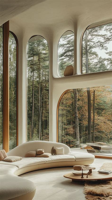 Уютная футуристическая гостиная с большими окнами и умным дизайном в 2025 г Архитектурный