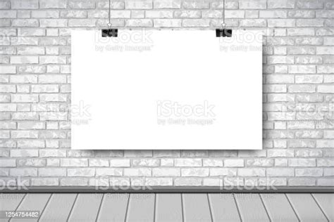 회색 벽돌 벽에 빈 흰색 포스터 나무 바닥평평한 인테리어 트렌디 한 로프트 룸 풍경 배경 패션 갤러리 전시 인테리어 웹 포스터 모형 박람회 벡터 일러스트레이션 0명에 대한
