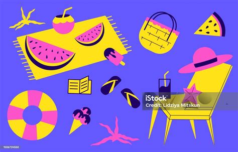 Summer Vacation Things For The Beach Set Accessories Set Flat Vector