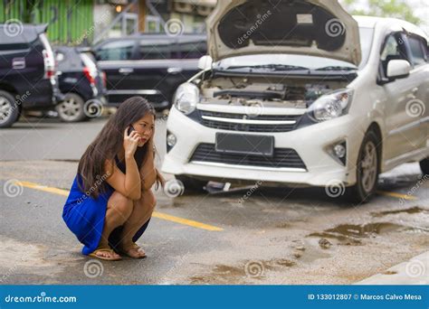 Asian Chinese Woman In Stress Stranded On Street Suffering Car Engine