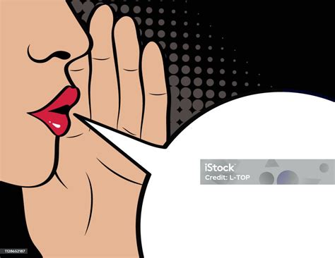 비밀을 속삭이는 팝 아트 험담 소녀 입 입술과 손 닫습니다 텍스트에 대 한 빈 연설 거품이 있다입니다 검은 금요일 포스터입니다 벡터 만화 스타일의 일러스트입니다 손에 대한